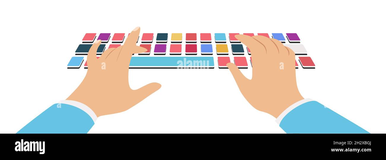 Flat Hands typing on white keyboard with cable and pastel background ...