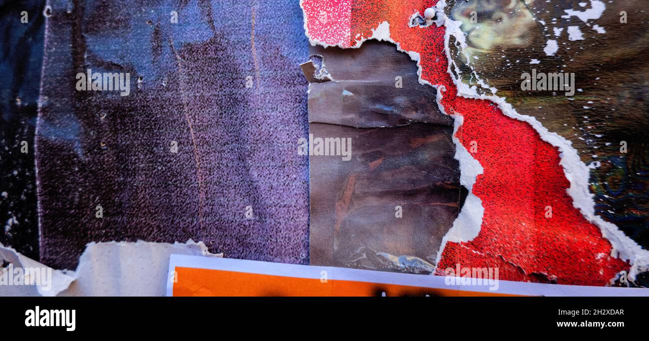 Old black and yellow grunge ripped torn collage posters creased ...