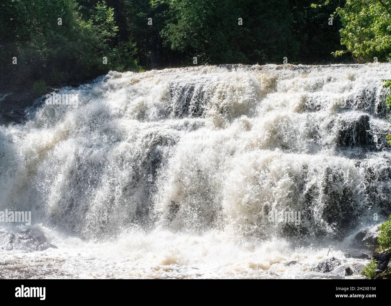 A wide foamy waterfall flowing into a river in the forest Stock Photo ...