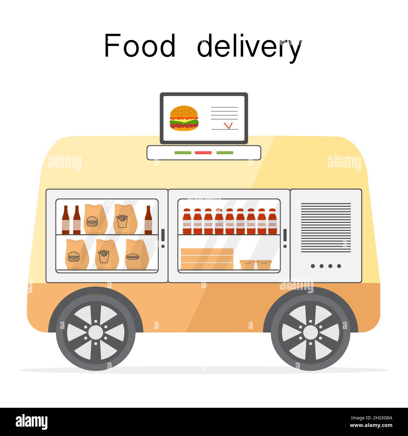 Vector illustration Fast food online order for delivery by self-driving ...