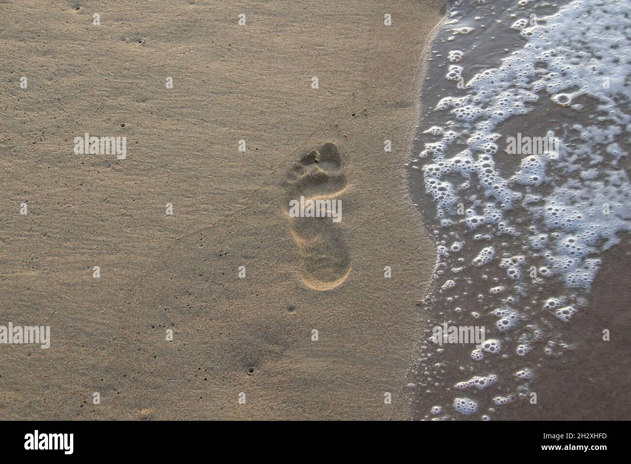 Sea foam from a wave on the sand with traces. Human footprint on the ...