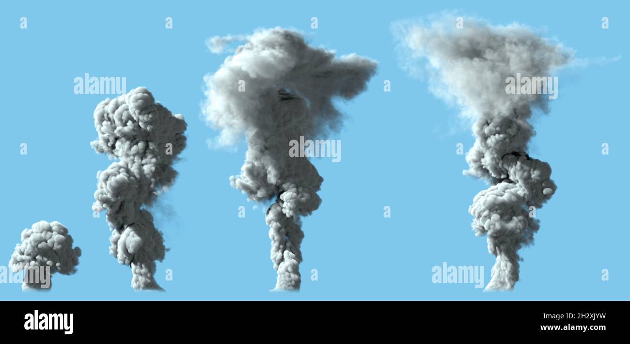4 images of solid bright smoke column as from volcano or big industrial ...