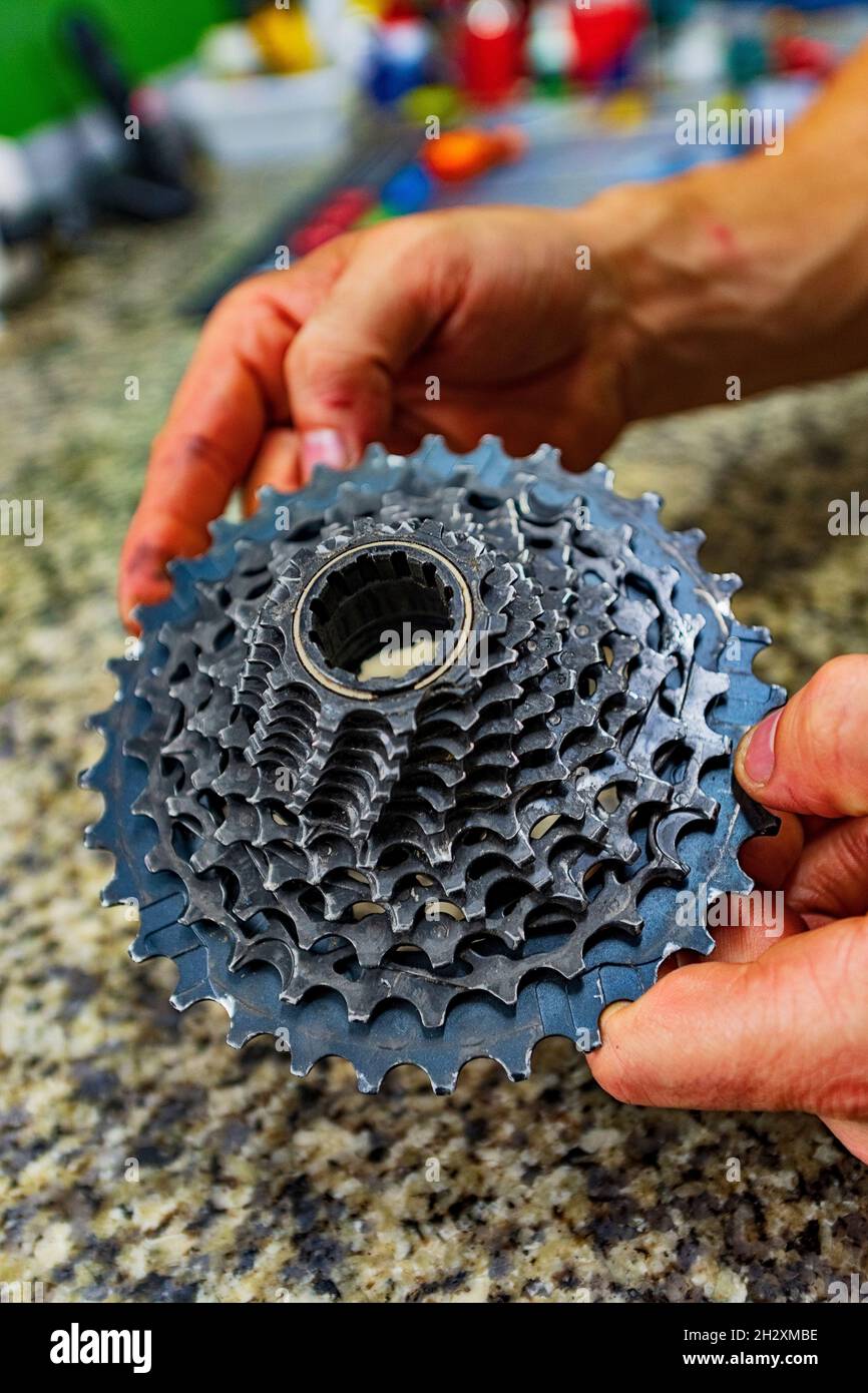 bicycle repair mechanic in workshop Stock Photo - Alamy