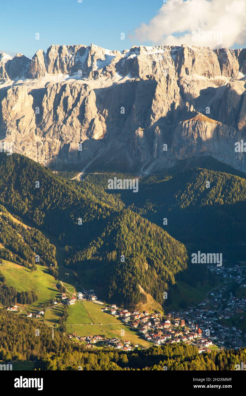 Evening view of Sella gruppe or gruppo di Sella with clouds and Selva ...