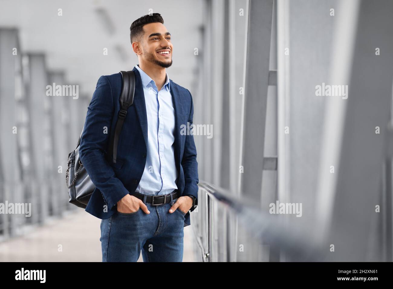 Ready For Trip. Handsome Arab Man With Backpack Standing At Airport ...