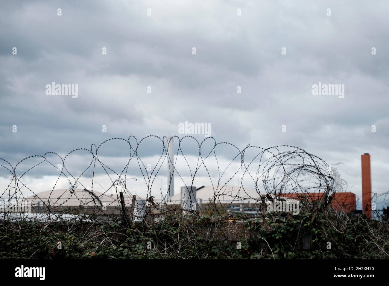 Razor-wire security fencing at industrial facility, United Kingdom ...