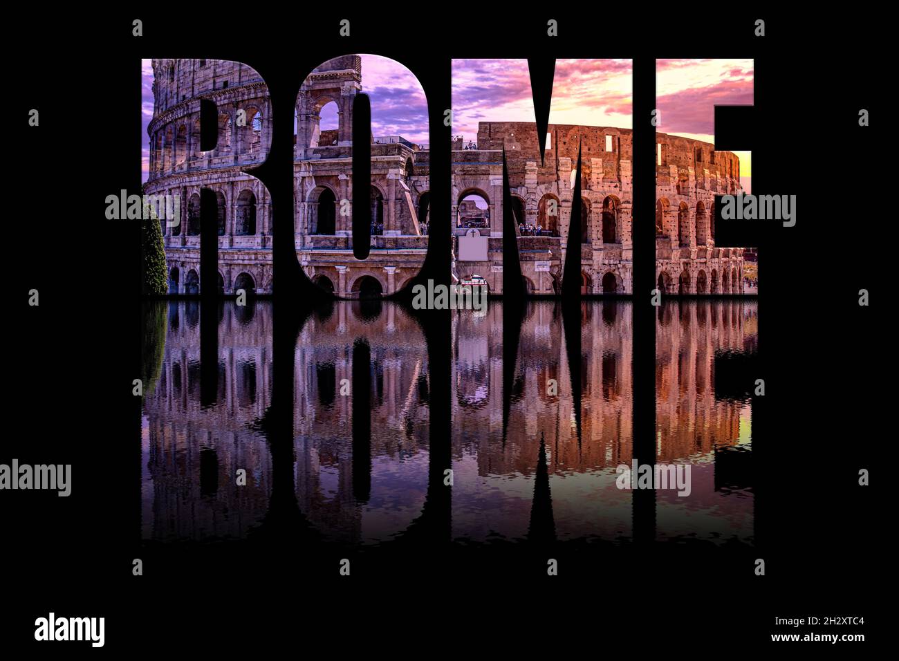 Rome text composed of Colosseum on black background with text ...
