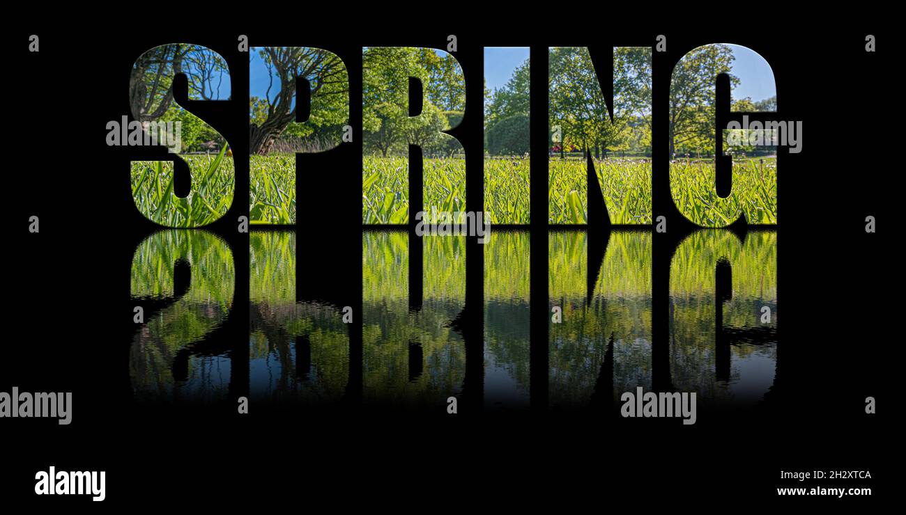 Spring text composed of nature landscape on black background with text ...