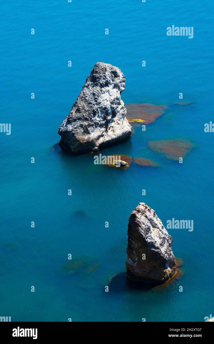 Aerial view of the rocks and blue water of the Black Sea in the Crimea ...