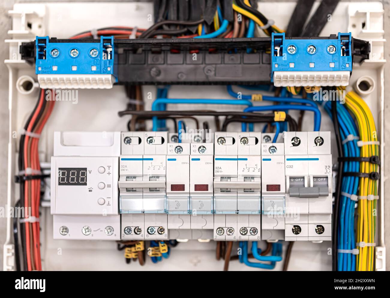 Voltage switchboard with circuit breakers, close up Stock Photo - Alamy