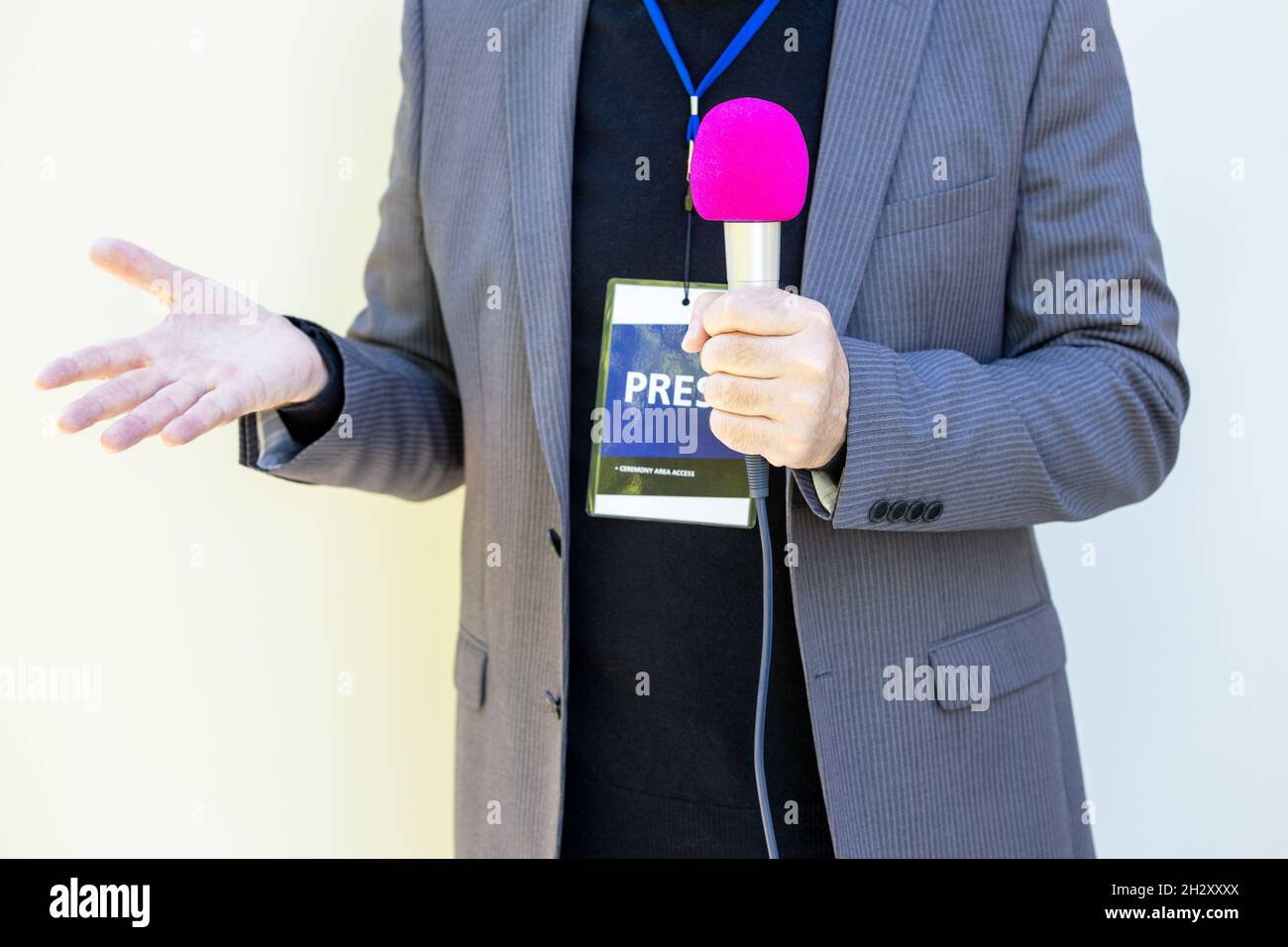 Broadcast journalist gesturing during media interview Stock Photo - Alamy