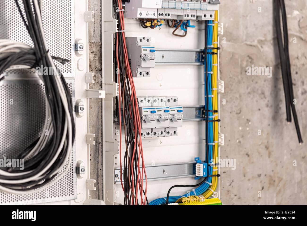 Voltage switchboard with circuit breakers, close up Stock Photo - Alamy