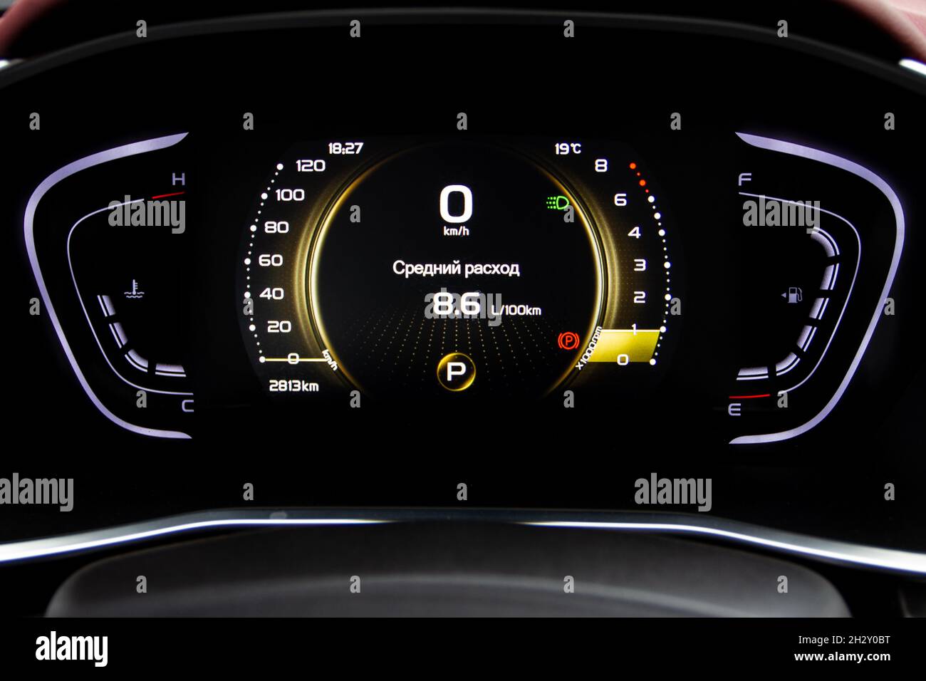 Modern light car black and blue mileage. Car dashboard with sensors and ...