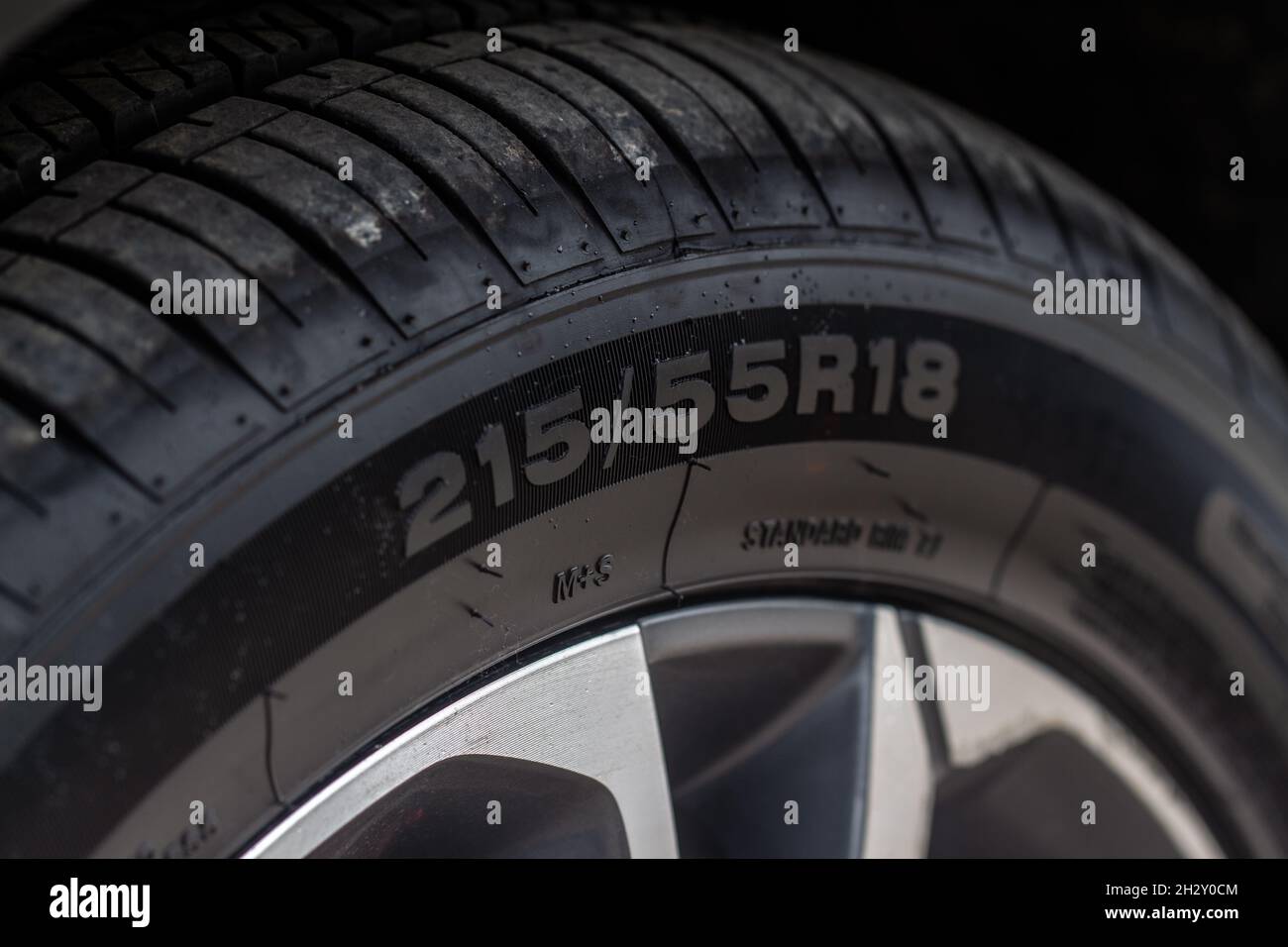 Close up view of tire with tire width, height and wheel diameter ...