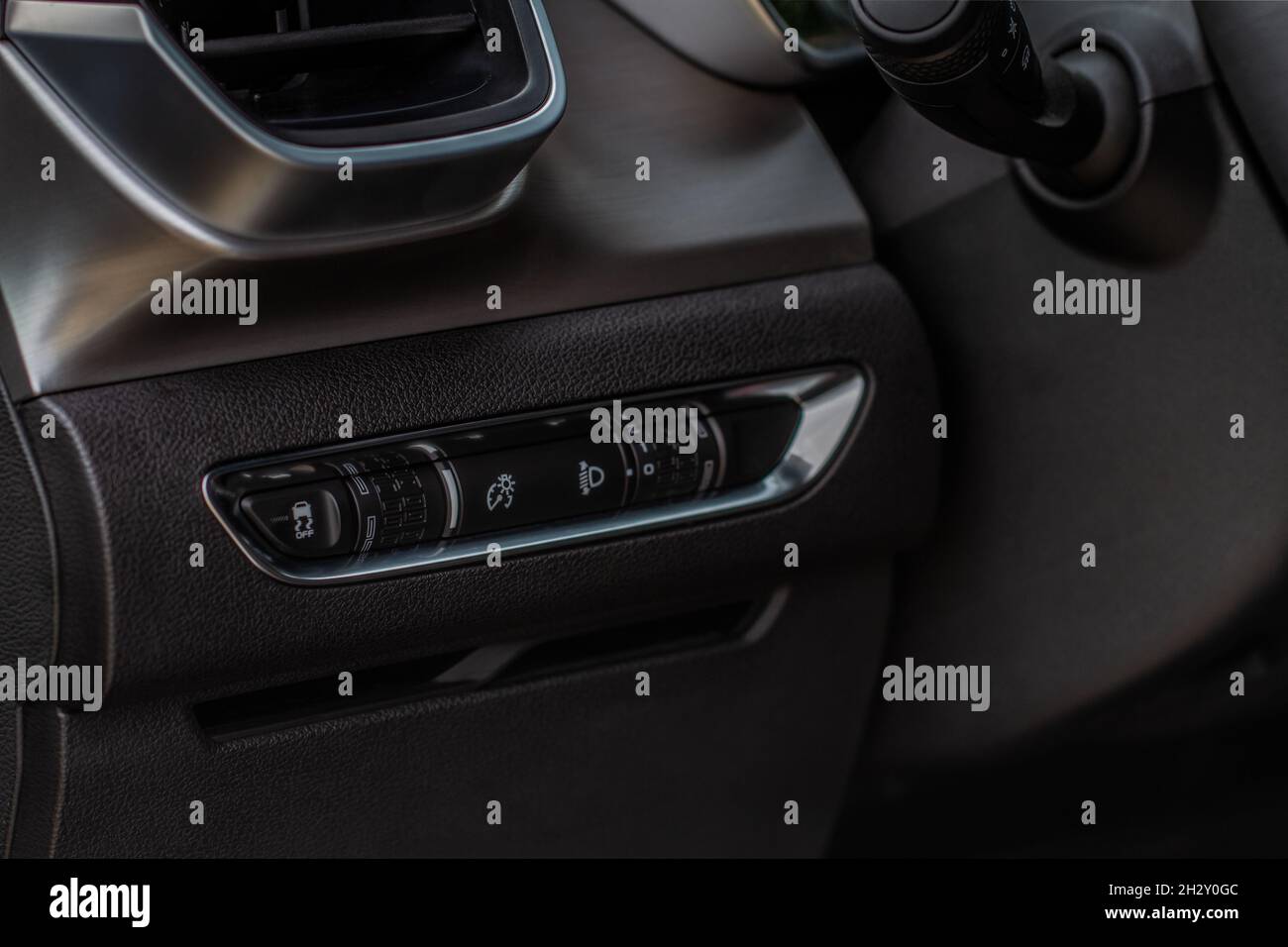 Close up view of dashboard instrument panel backlight. Interior detail ...