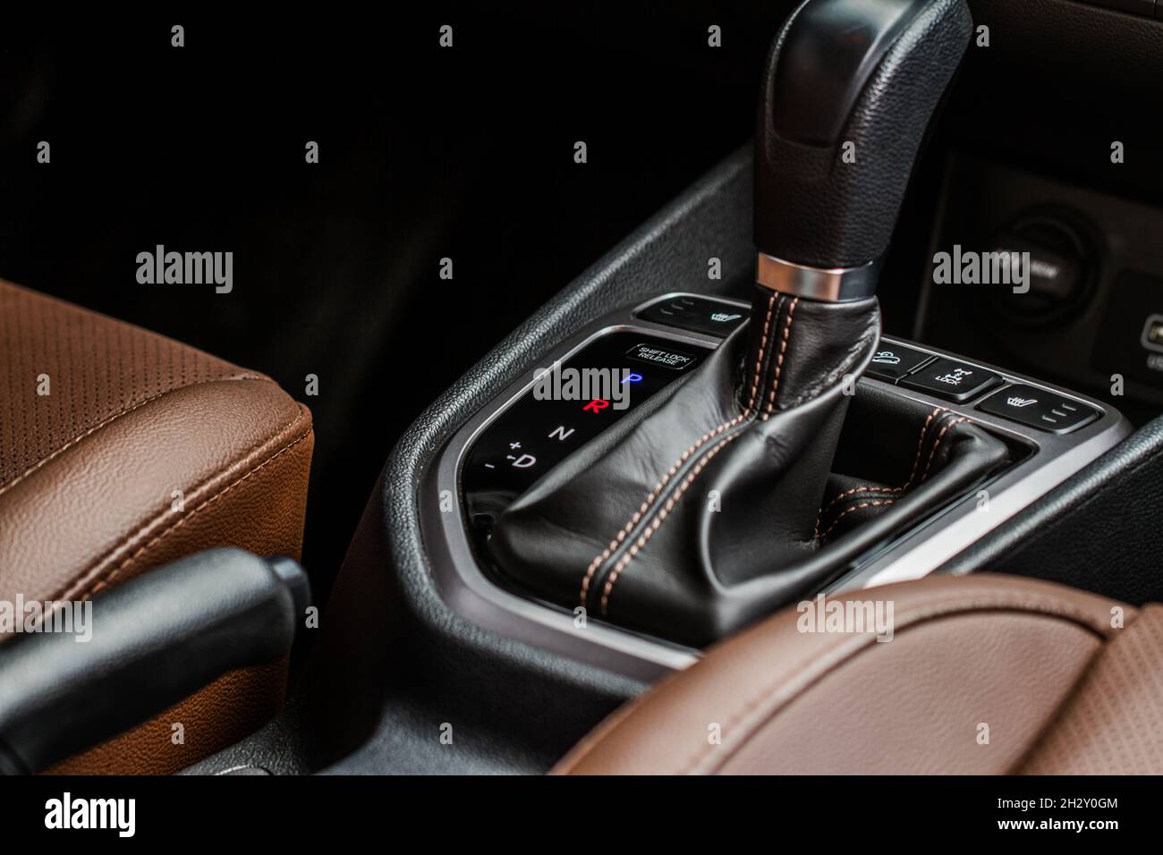 Modern automatic gearbox. Close up of the gearbox transmission handle ...