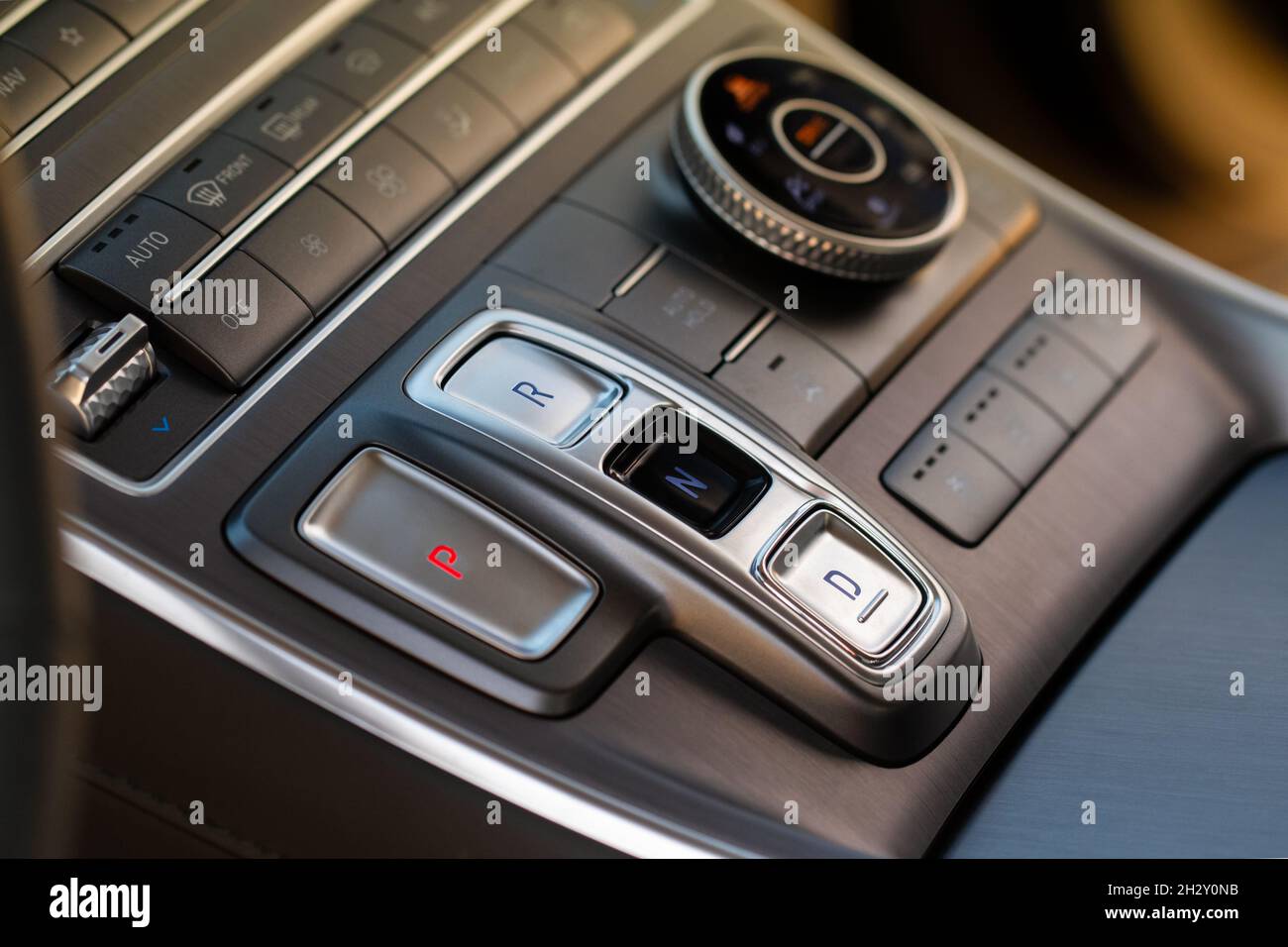 Modern car automatic gearbox. Gearbox control buttons. Gear selector ...
