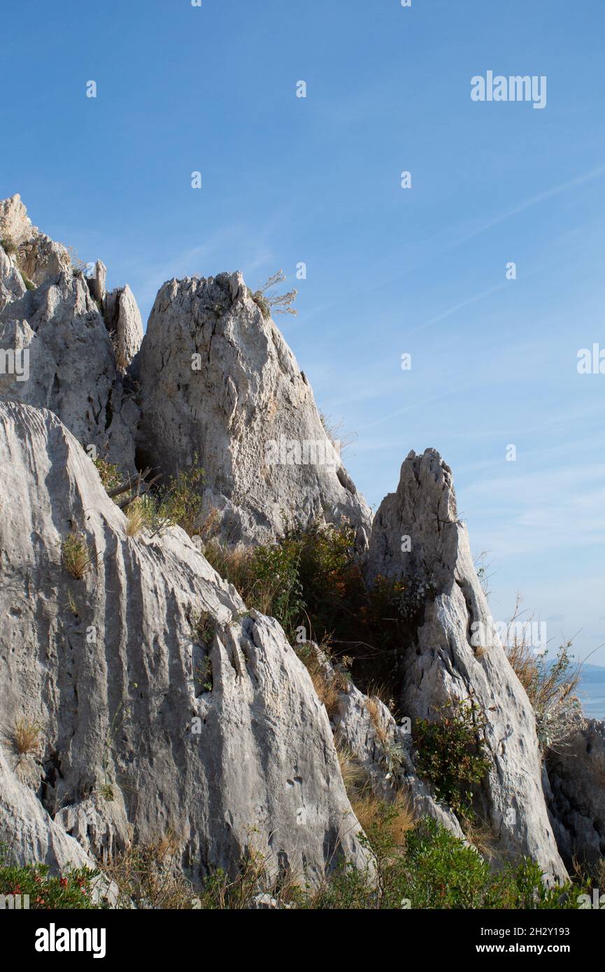 Cliff in sunshine with some greenery Stock Photo - Alamy