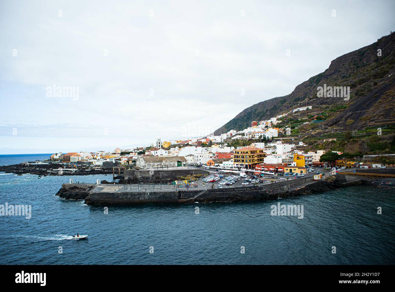 An aerial view of the coastal town of Garachico in Tenerife, Spain ...