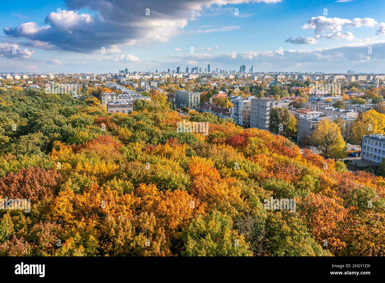 Autumn in Warsaw, colorful forest and distant city center aerial view ...