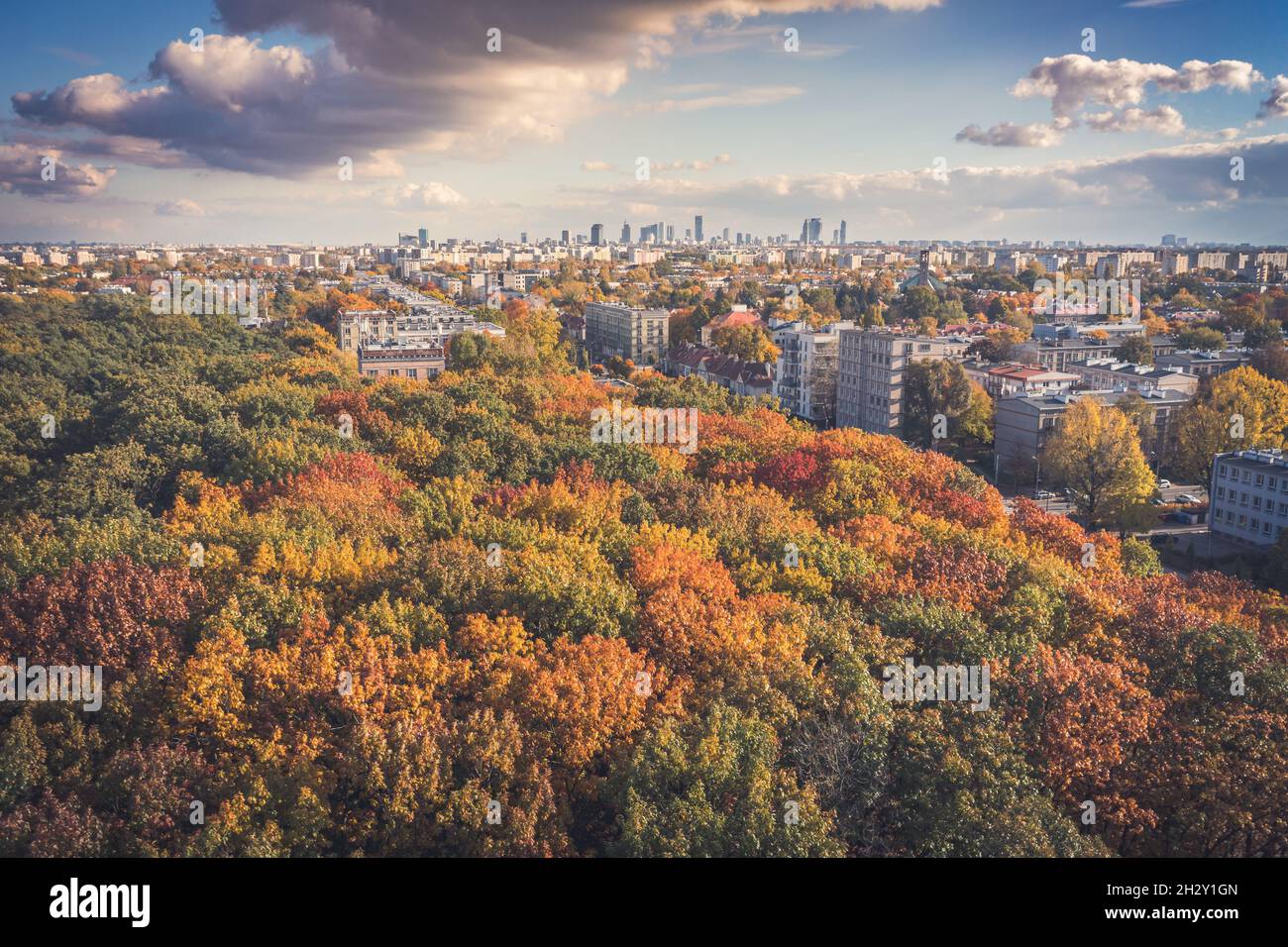 Autumn in Warsaw, colorful forest and distant city center aerial view ...