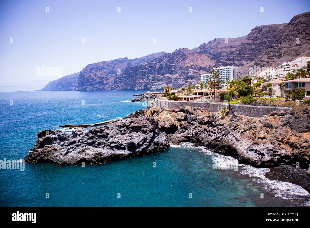 An aerial view of the coastal town of Garachico in Tenerife, Spain ...