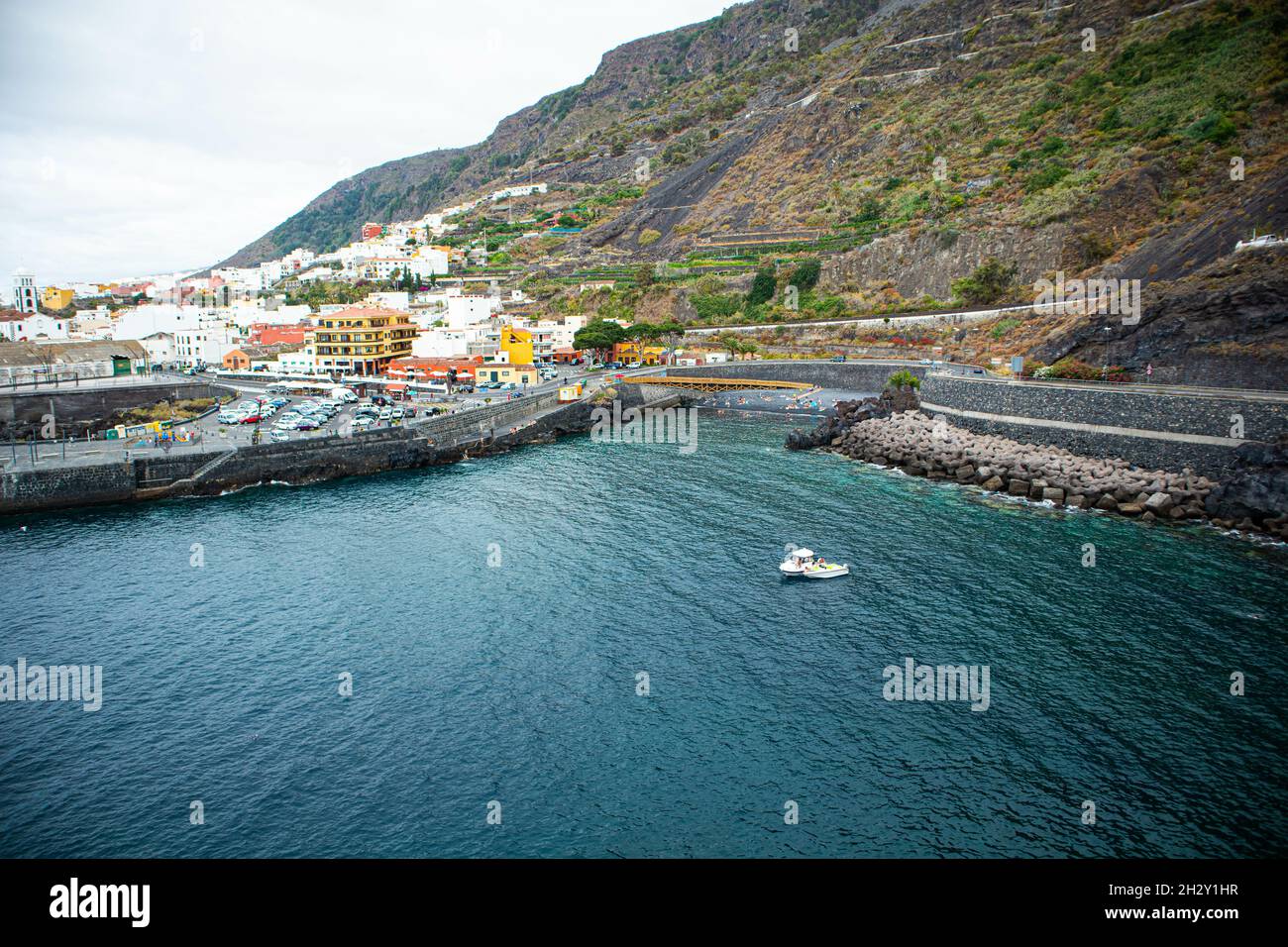 An aerial view of the coastal town of Garachico in Tenerife, Spain ...