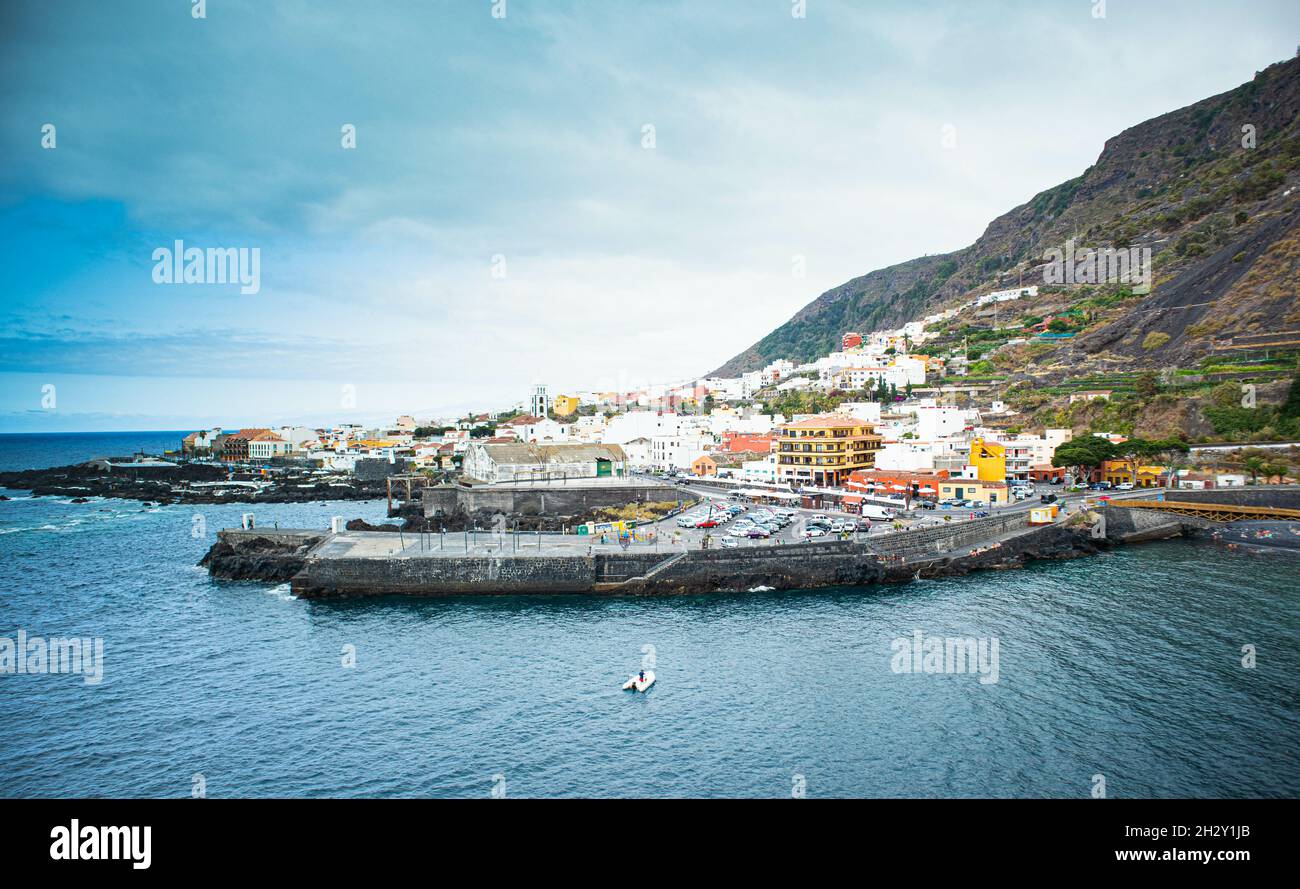 An aerial view of the coastal town of Garachico in Tenerife, Spain ...