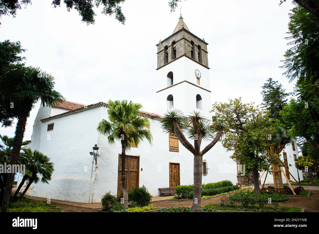 A white church with a tower in a small town in Tenerife, Spain Stock ...