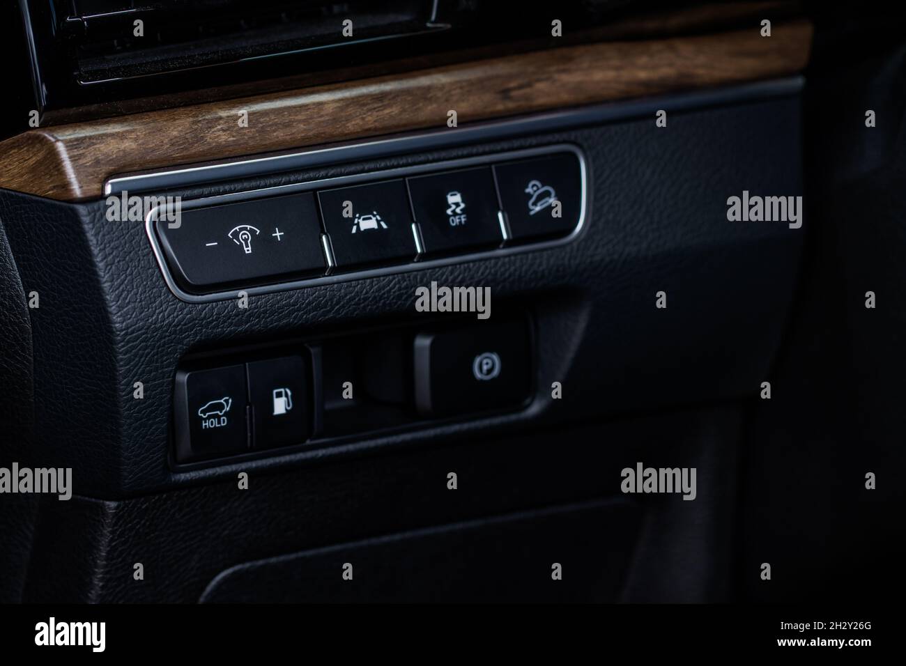 Close up view of modern car electronic safety systems control panel ...