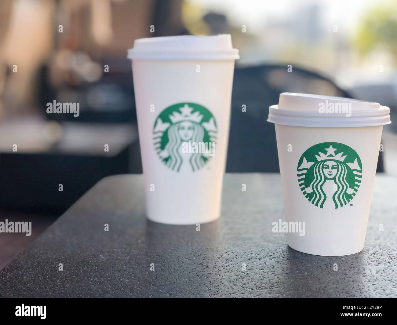 Istanbul, Turkey - October 21, 2021; Starbucks coffee take away cups on ...