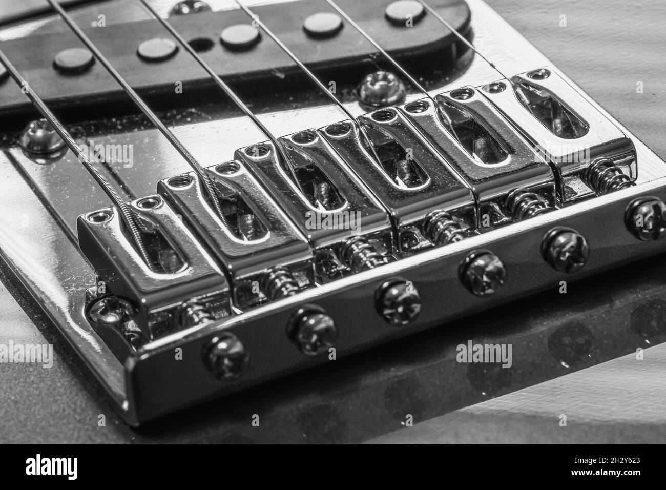Close-up if guitar bridge and strings, black and white Stock Photo - Alamy