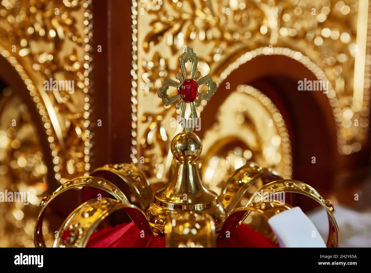 Traditional wedding crowns in a church. Wedding crown in church ready ...