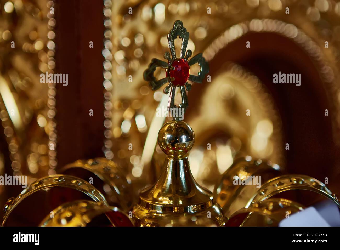Traditional wedding crowns in a church. Wedding crown in church ready ...