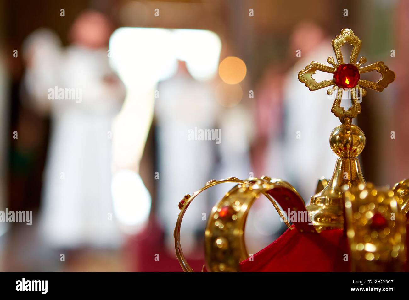 Traditional wedding crowns in a church. Wedding crown in church ready ...