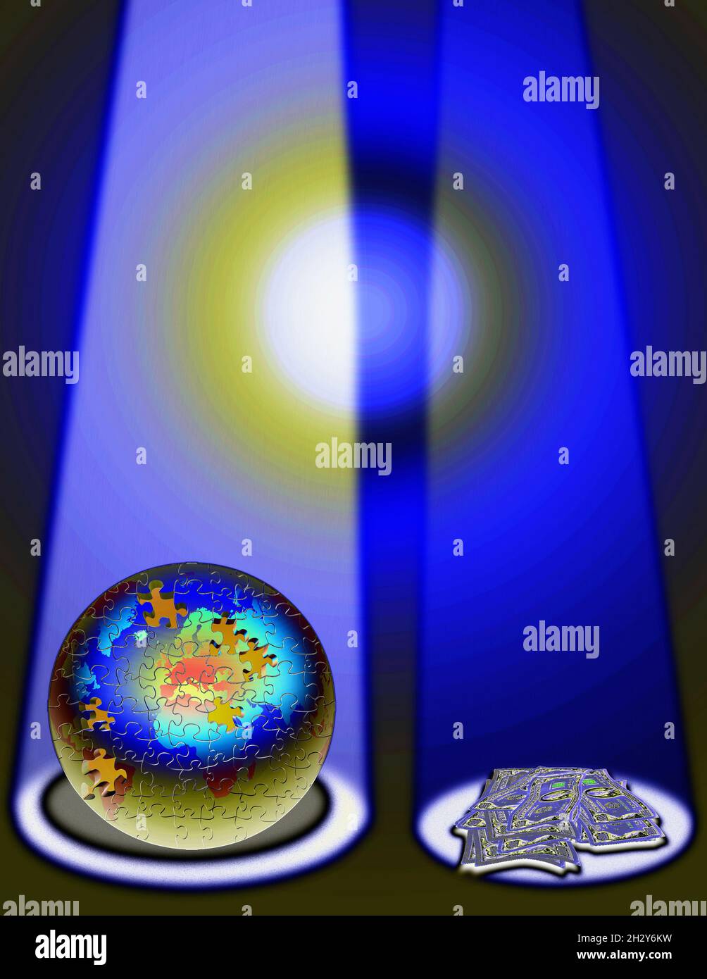 Globe puzzle and dollars in the spotlight. 3D rendering Stock Photo - Alamy