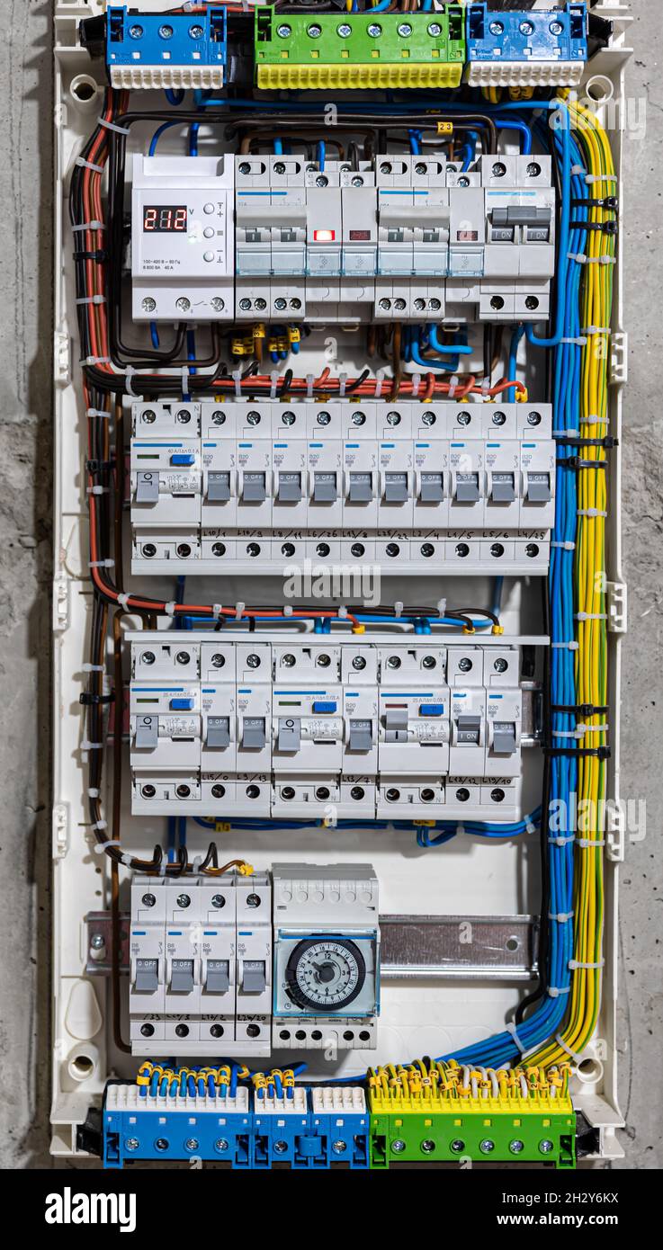 Voltage switchboard with circuit breakers, close up Stock Photo - Alamy