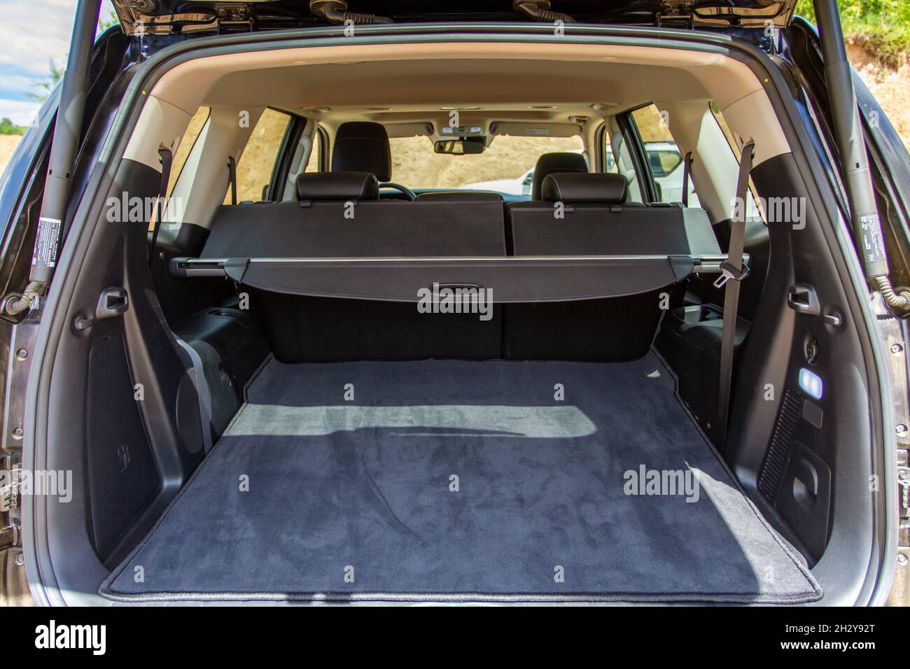 Huge, clean and empty car trunk in interior of compact suv. Rear view ...