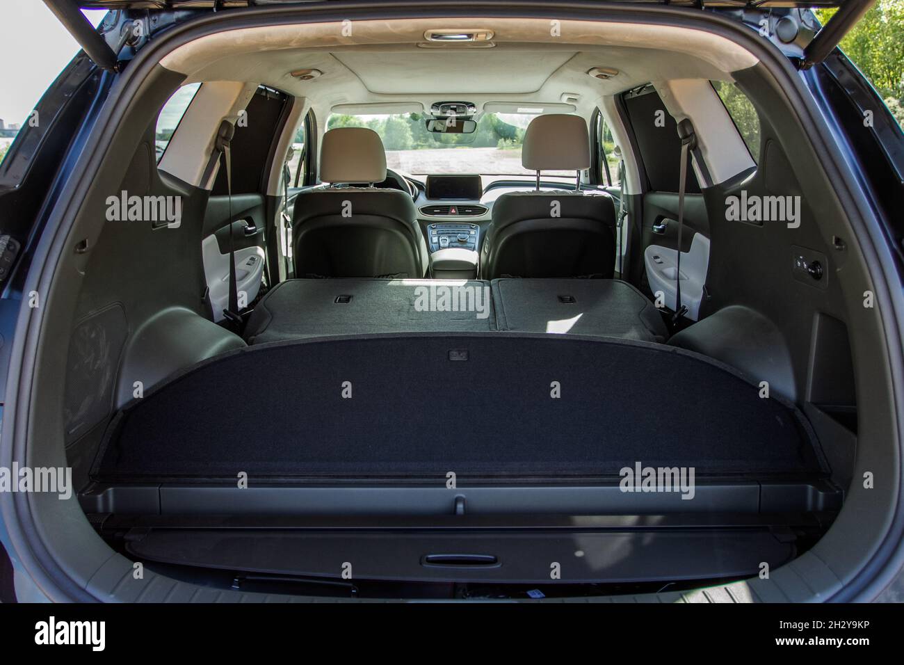Huge, clean and empty car trunk in interior of compact suv. Rear view ...