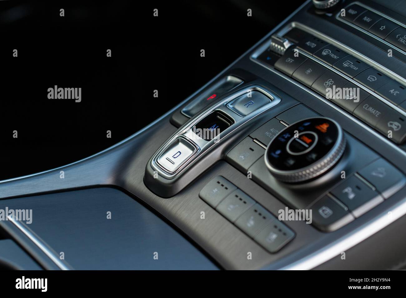 Modern car automatic gearbox. Gearbox control buttons. Gear selector ...