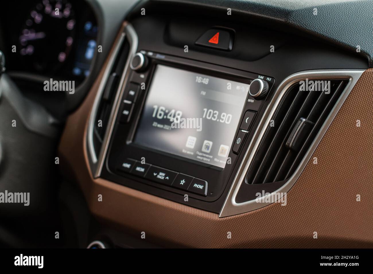 Modern car media display in the interior of the car. Touchscreen ...