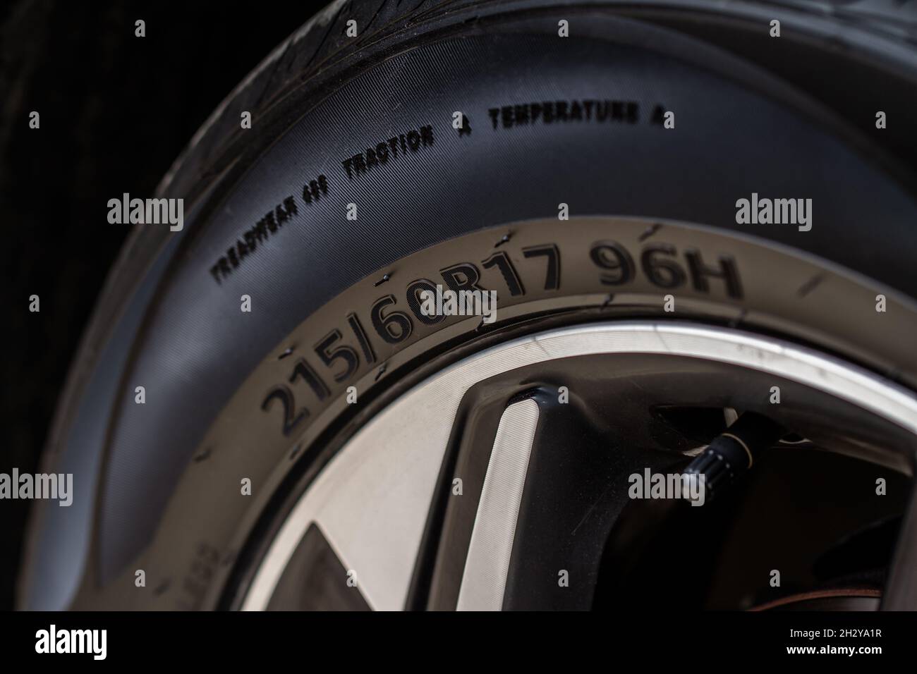 Close up view of tire with tire width, height and wheel diameter ...