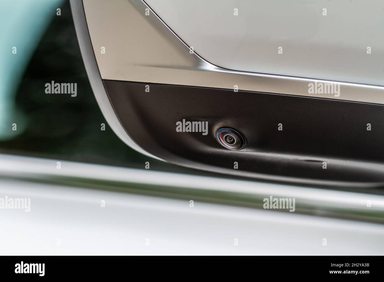 Close up view of surround view camera system on modern car side rear ...