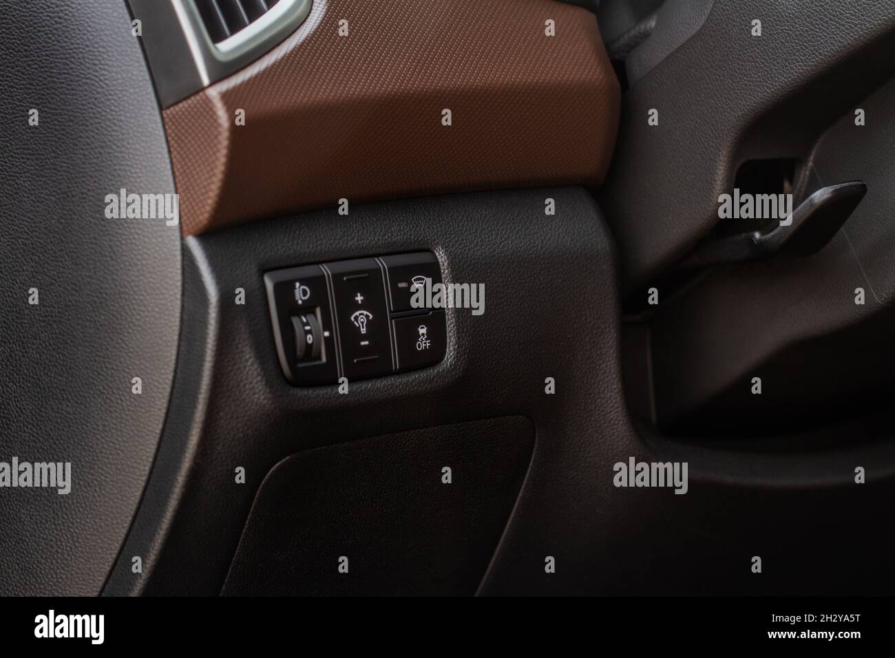 Close up view of modern car electronic safety systems control panel ...