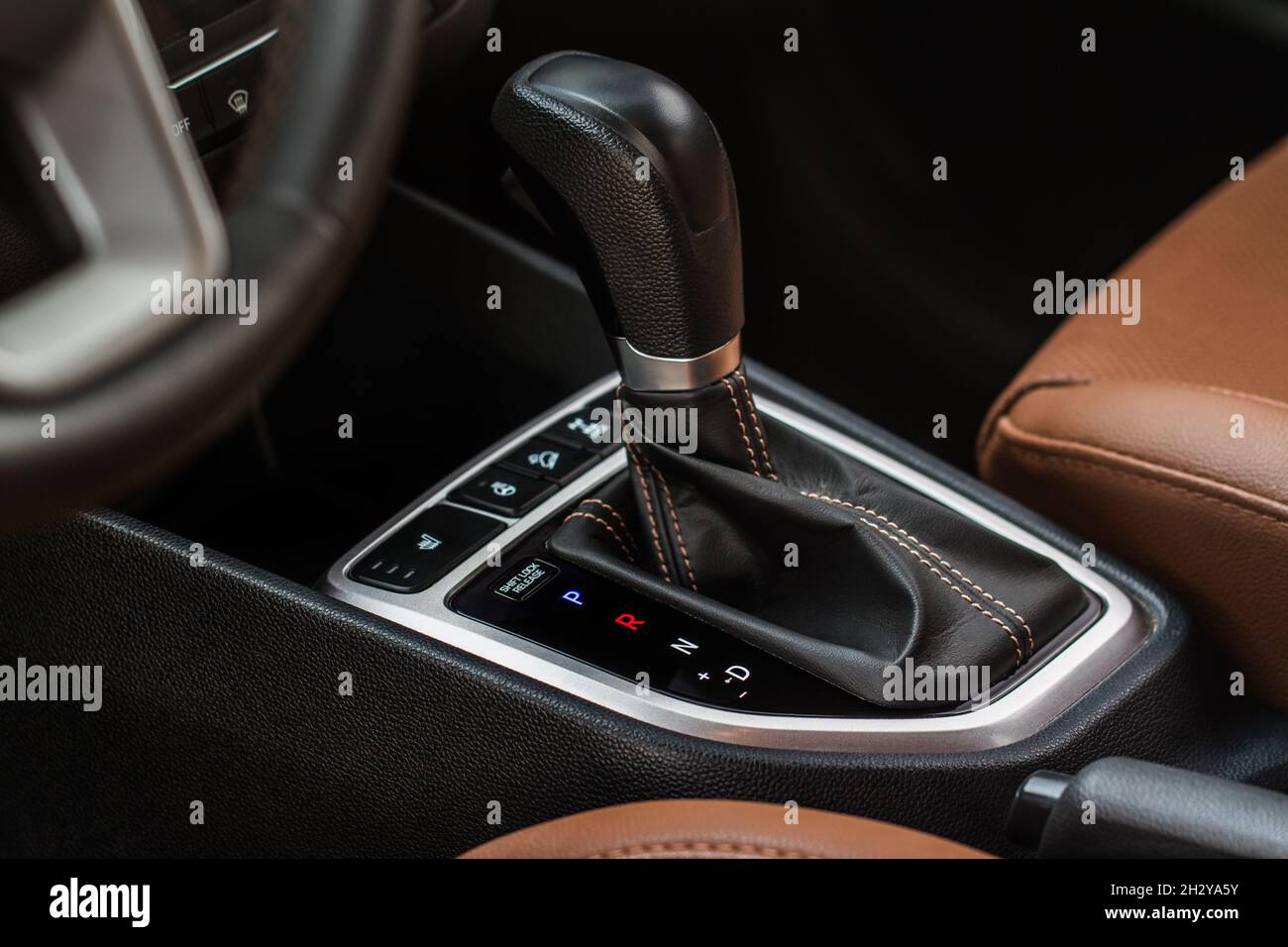 Modern automatic gearbox. Close up of the gearbox transmission handle ...