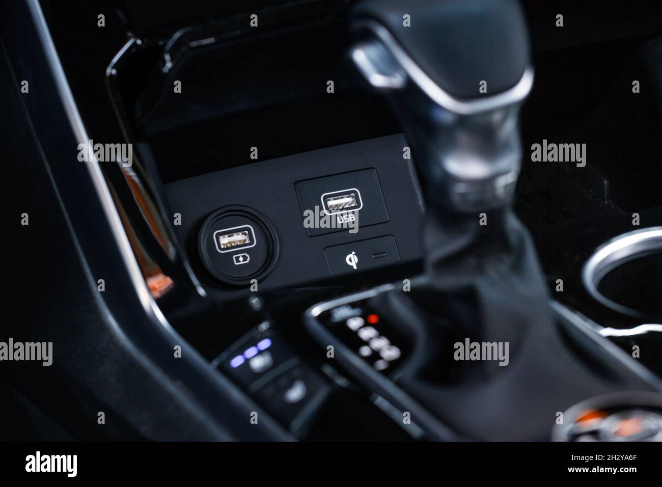 USB port in the car panel close up. Car interior detail. Car usb ...