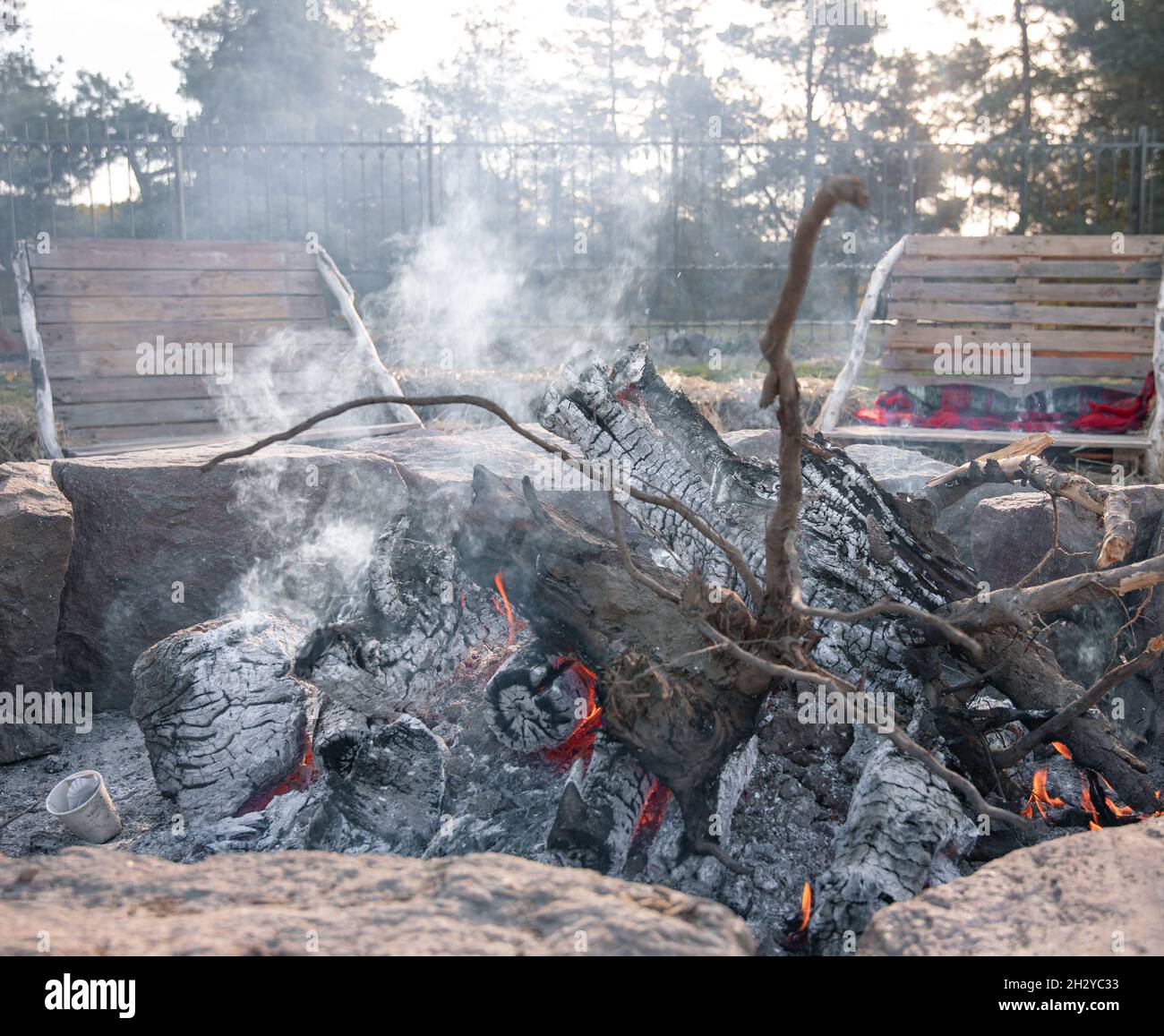 Close-up of large logs of a tree in a dying fire Stock Photo - Alamy