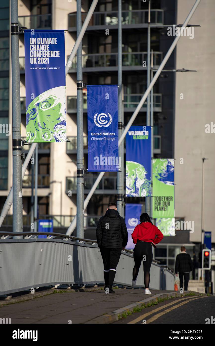 Glasgow, Scotland, UK. 24 October 2021 PICTURED: Branded COP26 banners ...
