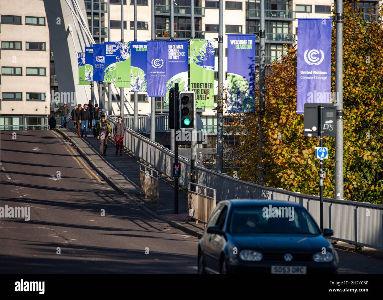 Glasgow, Scotland, UK. 24 October 2021 PICTURED: Branded COP26 banners ...