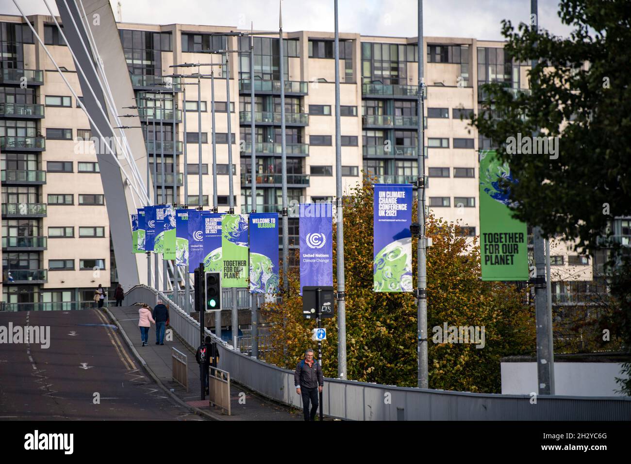 Glasgow, Scotland, UK. 24 October 2021 PICTURED: Branded COP26 banners ...